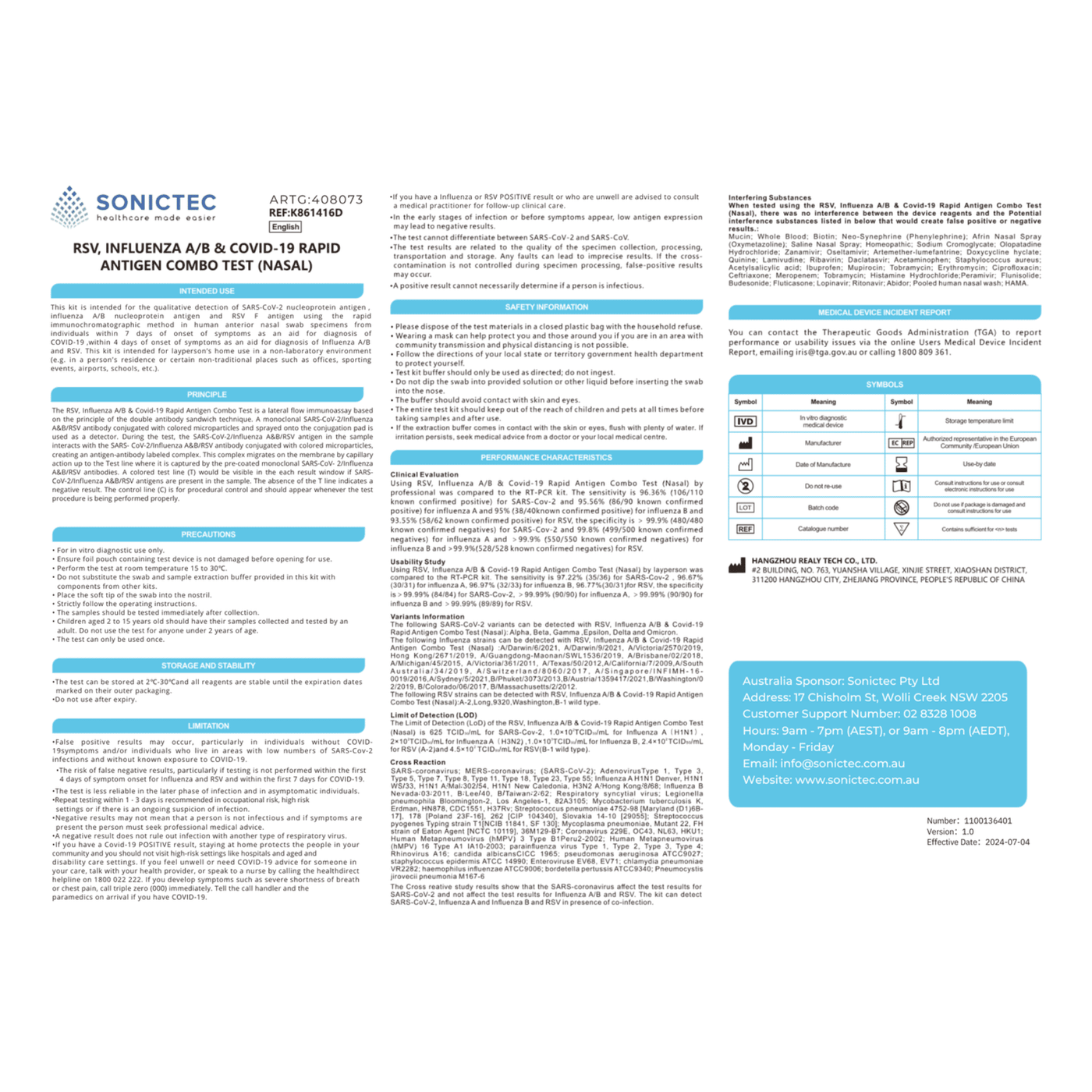 Sonictec RSV, Influenza A/B & COVID-19 Rapid Antigen Combo Test (Swab ...